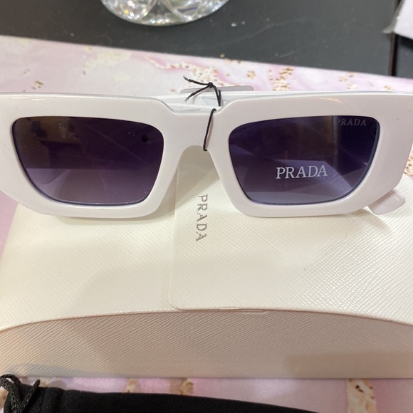 Prada | Accessories | Prada Logo Sunglasses White Rectangular | Poshmark